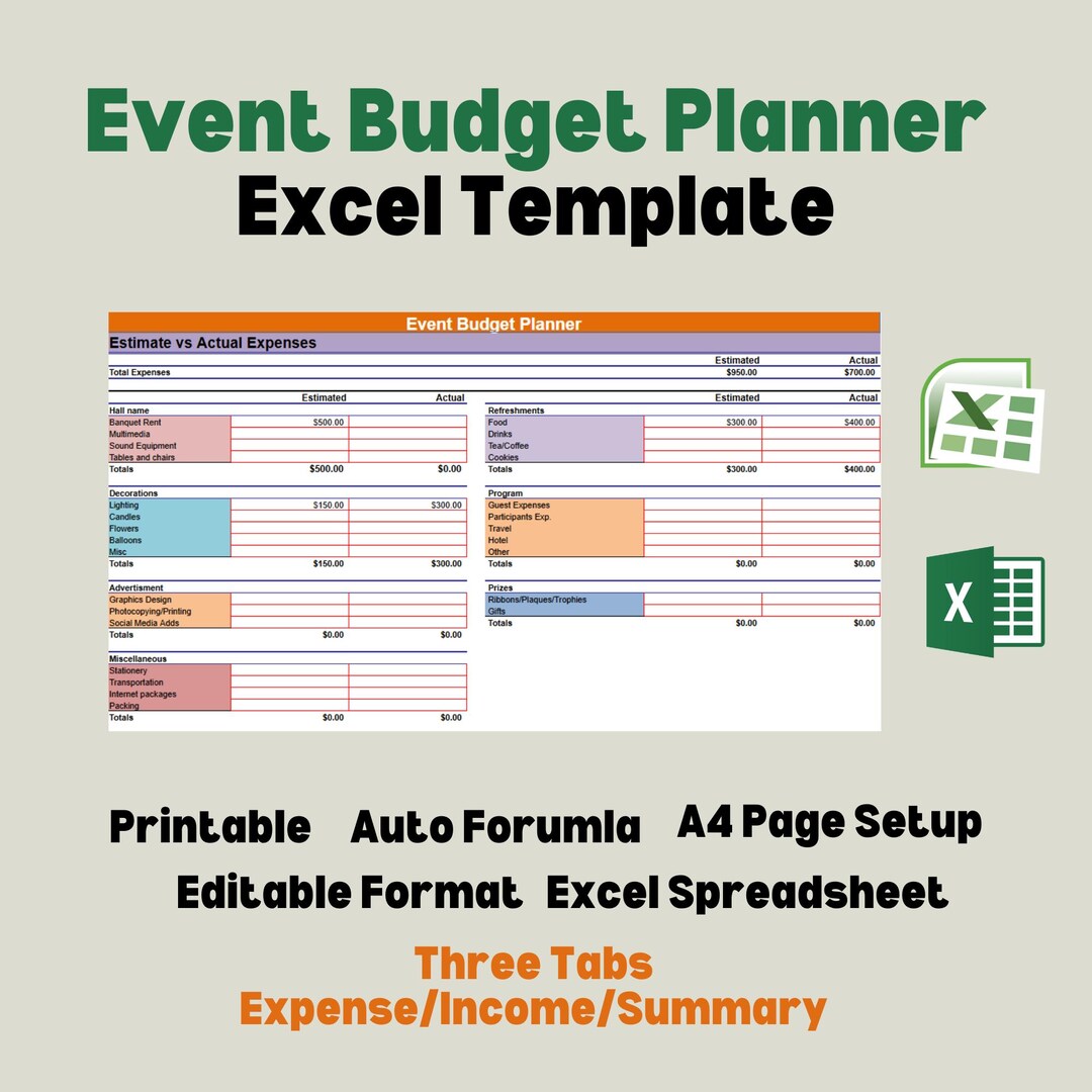 Event Budget Planner Spreadsheet Template, Event Planner, Event Income ...