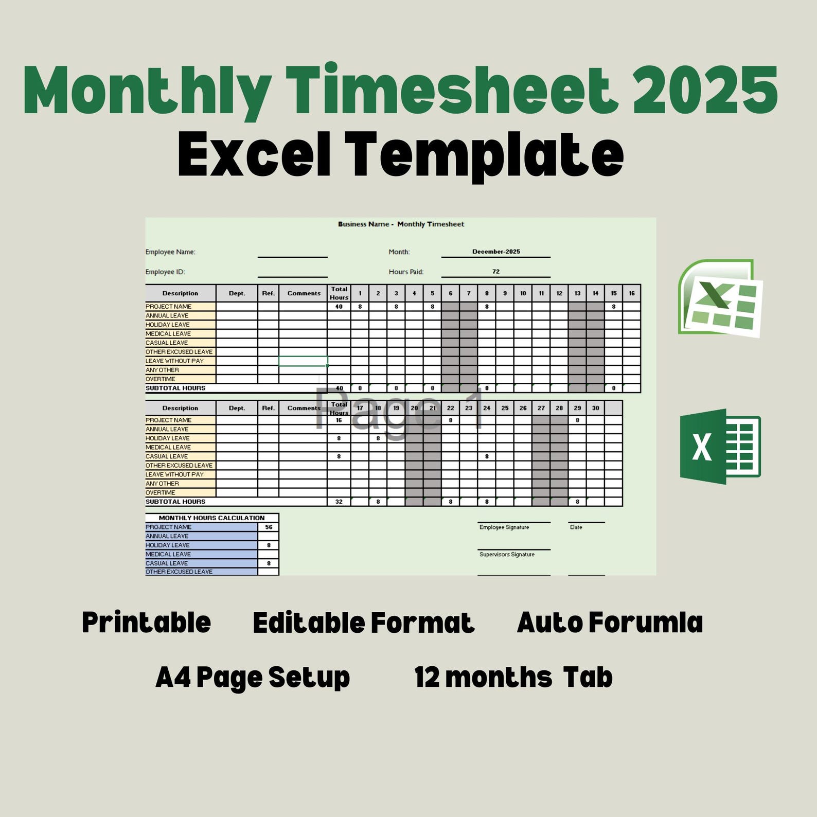 Monthly Timesheet, Employee Timesheet, Employee Work Hour Tracker ...
