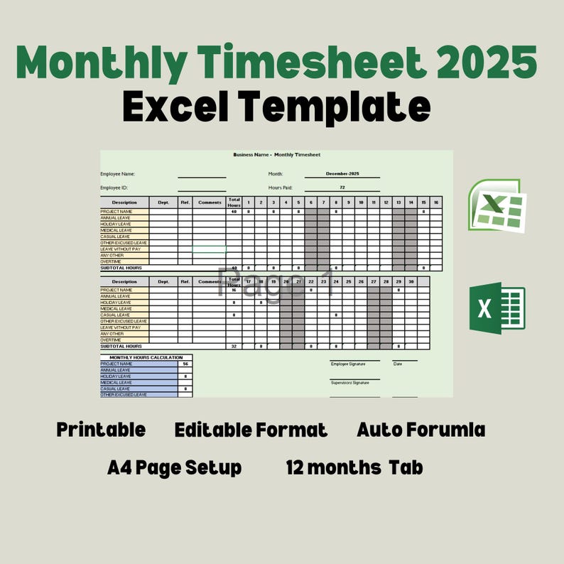 Monthly Timesheet, Employee Timesheet, Employee Work Hour Tracker ...