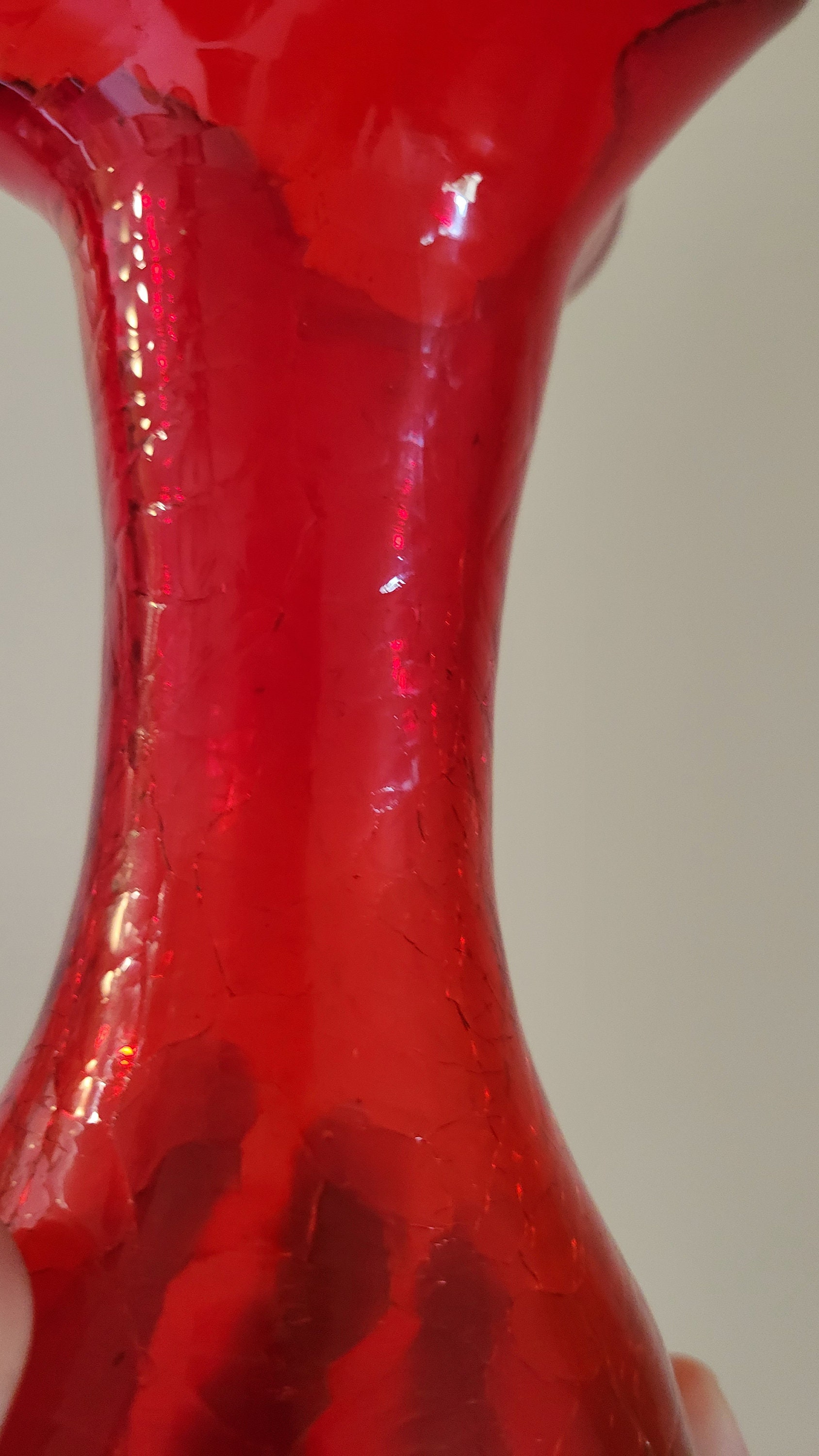 Vintage Red Crackle Glass Vase Handblown Art Glass Decor Etsy