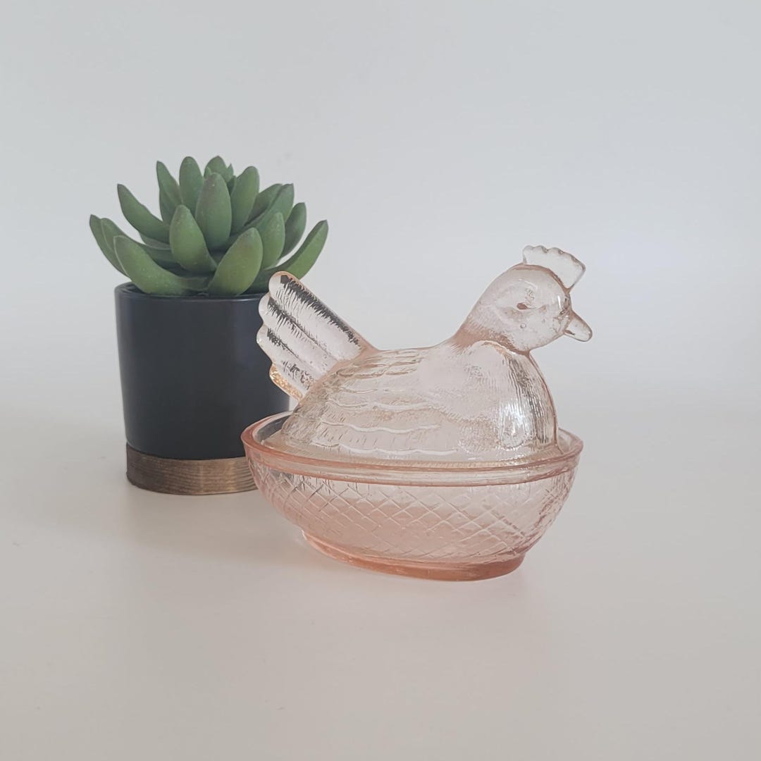 Pink Hen on Nest Heisey Glass Vintage Mini Candy Dish Light Pink Glass ...