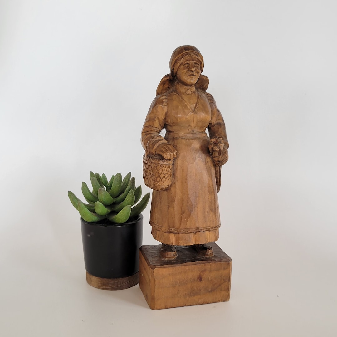 Vintage Wooden Woman Figurine Hand Carved Lady With Basket Shelf Decor ...