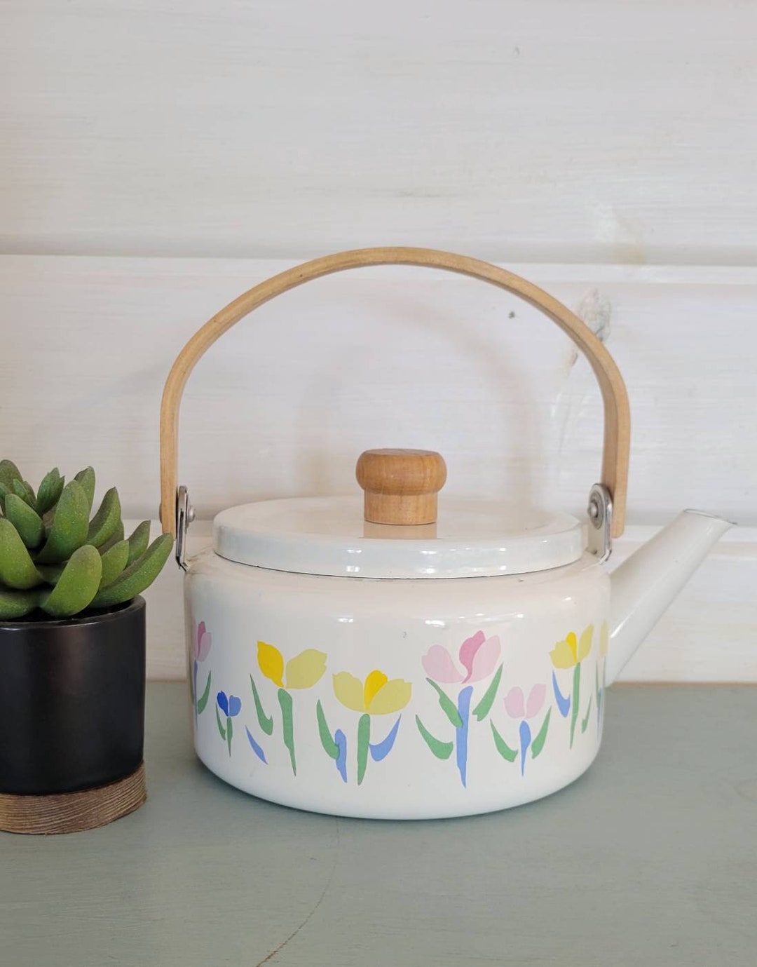 Vintage Enamel Teapot Floral Tulips Enamelware Teapots - Etsy