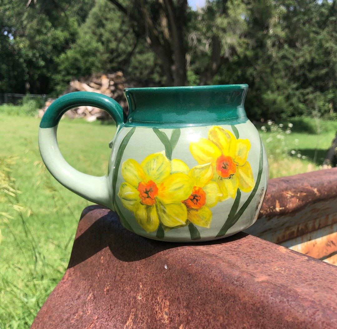 Large Floral Mug, Jonquil, Daffodil, Honeybee, Hand Painted, Green ...