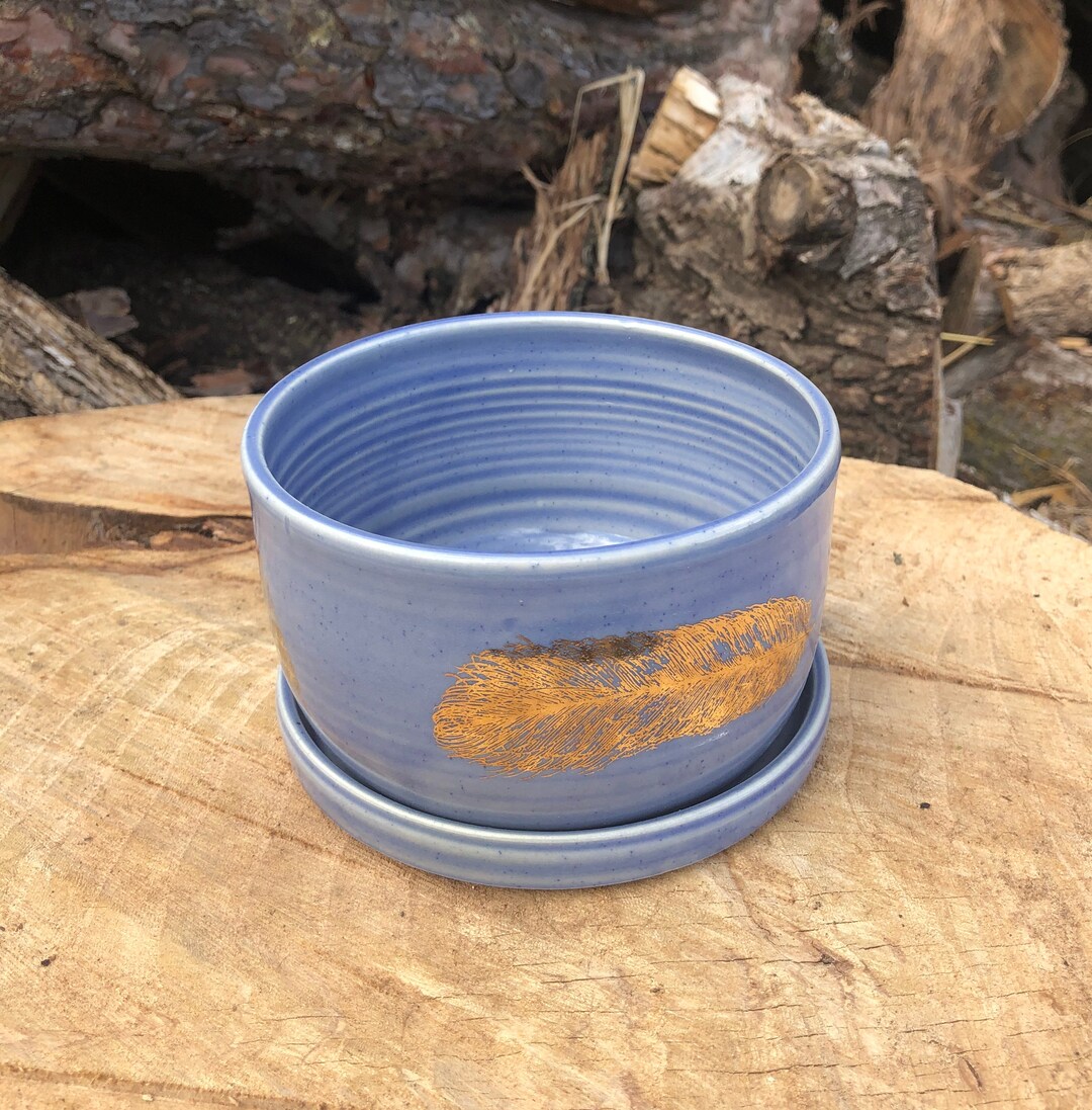 Gold Feather Planter, Flower Pot, Periwinkle, Handmade Pottery by Daisy ...