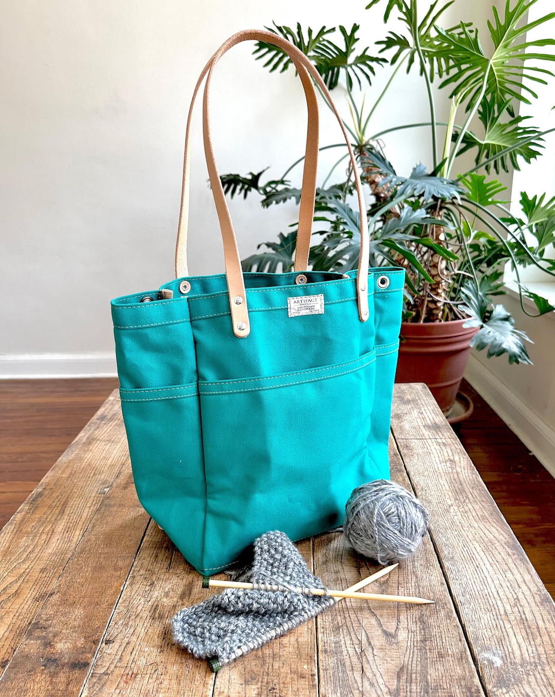 Knitting & Crochet Project Tote Bag W/ Leather Straps ARTIFACT Handmade ...