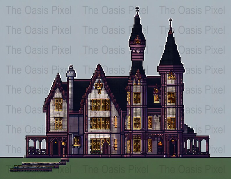Spooky Gothic Mansion Pixel Art Print, Halloween Haunted House Wall Art ...