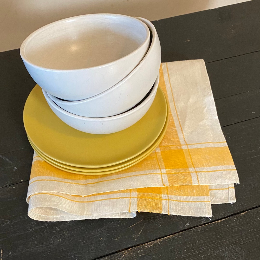 Vintage 50s Large Golden Yellow Stripe Cotton Linen Kitchen Tea Towel ...