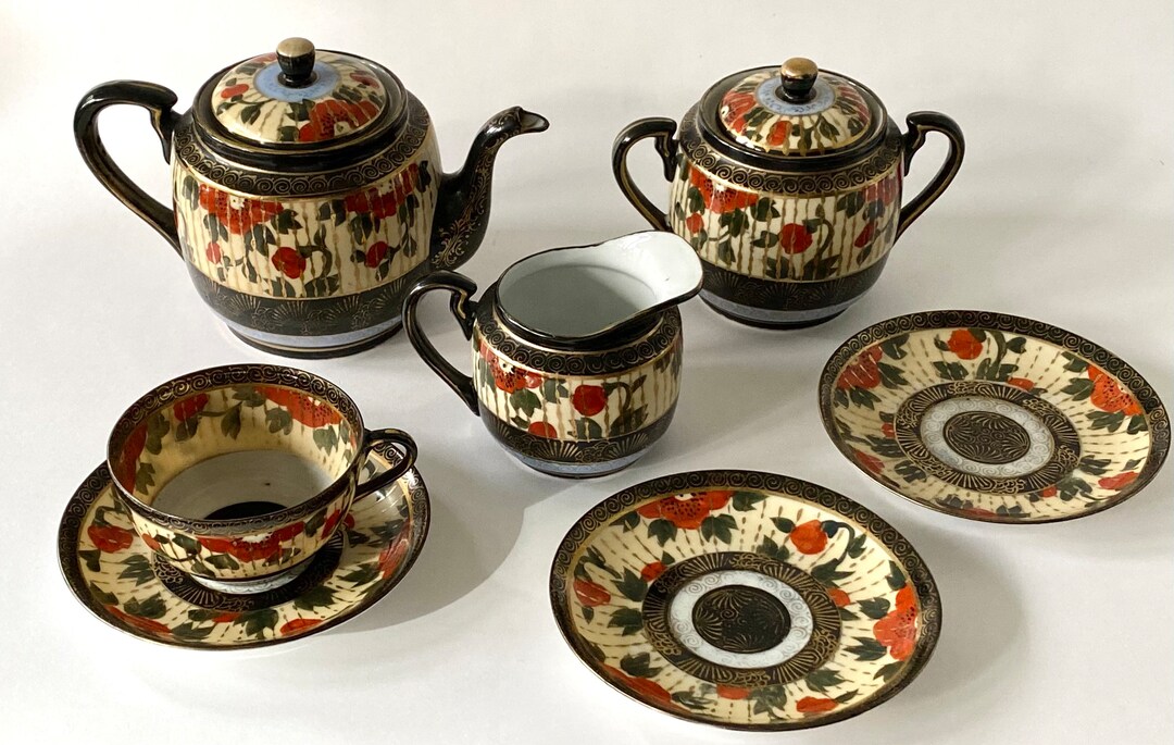 Vintage Japanese Painted Poppy Flower Tea Set - Pot, Cream & Sugar, 3 ...