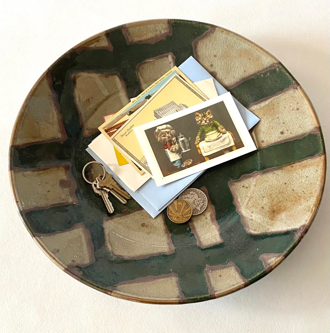 HUGE Studio Pottery Green Hatch Pattern Glaze Stoneware Ceramic Low ...