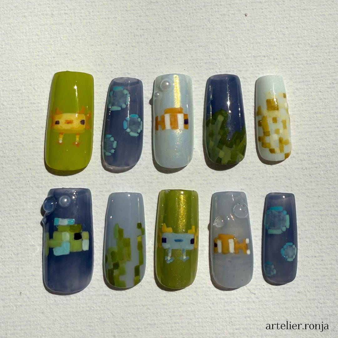Cute Aqua Minecraft Press-on Nails, Pixel Nails, Sea Nails, Summer ...