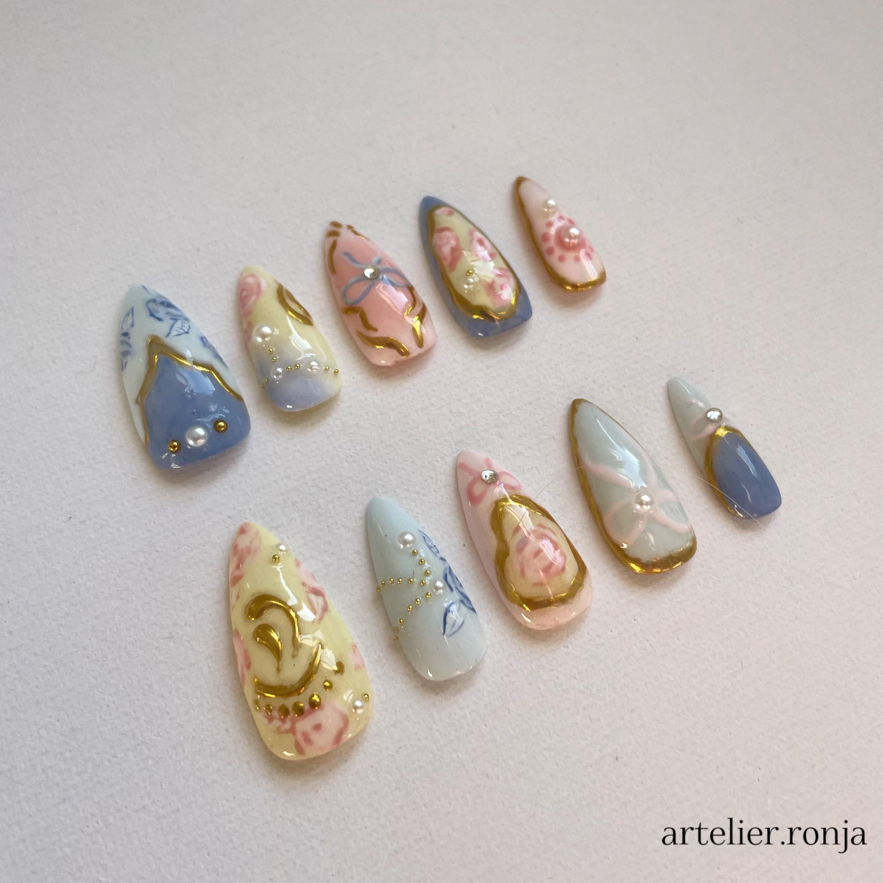 Porcelain Garden Pressonnails, 3D Nails, Blossom Nails, Summer Press-on ...
