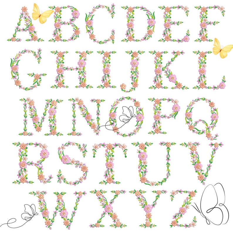 A to Z Floral Embroidery, Flower Font Alphabet Machine Embroidery ...