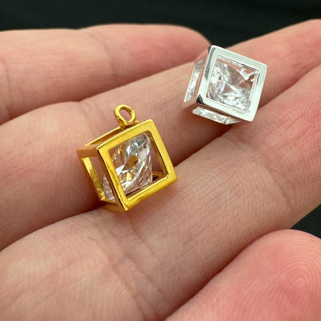 Cubic Zirconia Cube Charm, 925 Sterling Silver Charms, Gold Plated Charms, CZ Charm, Geometric ...