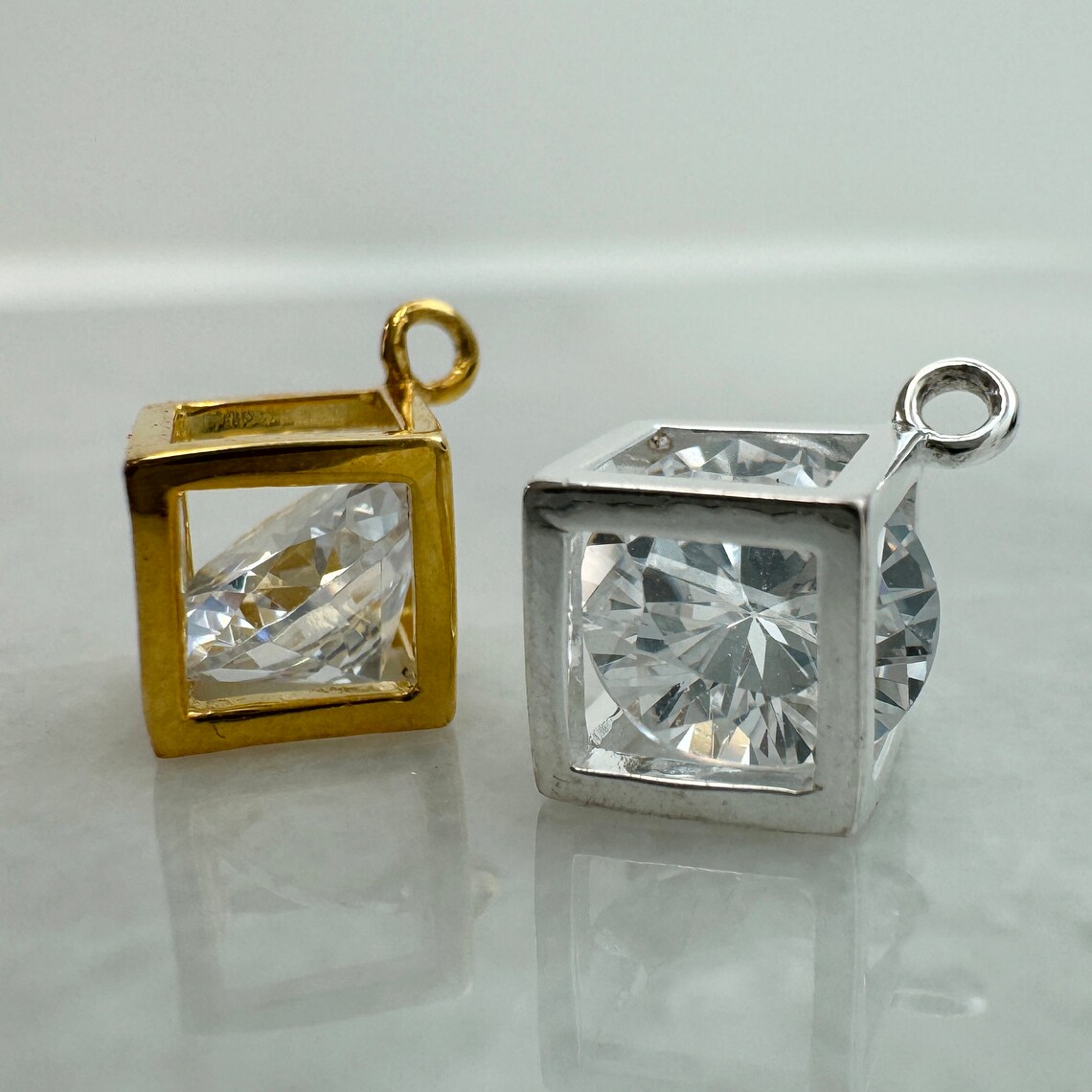 Cubic Zirconia Cube Charm, 925 Sterling Silver Charms, Gold Plated ...