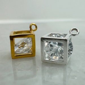 Cubic Zirconia Cube Charm, 925 Sterling Silver Charms, Gold Plated ...