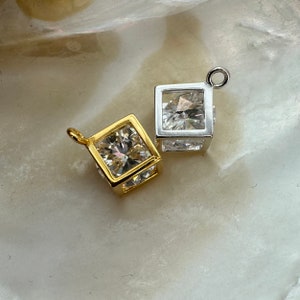 Cubic Zirconia Cube Charm, 925 Sterling Silver Charms, Gold Plated ...