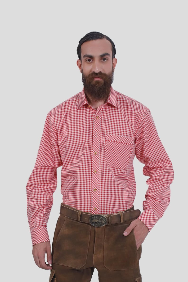 Loras Lederhosen Red Shirt – Checker Pattern, Cotton, Horn Buttons ...