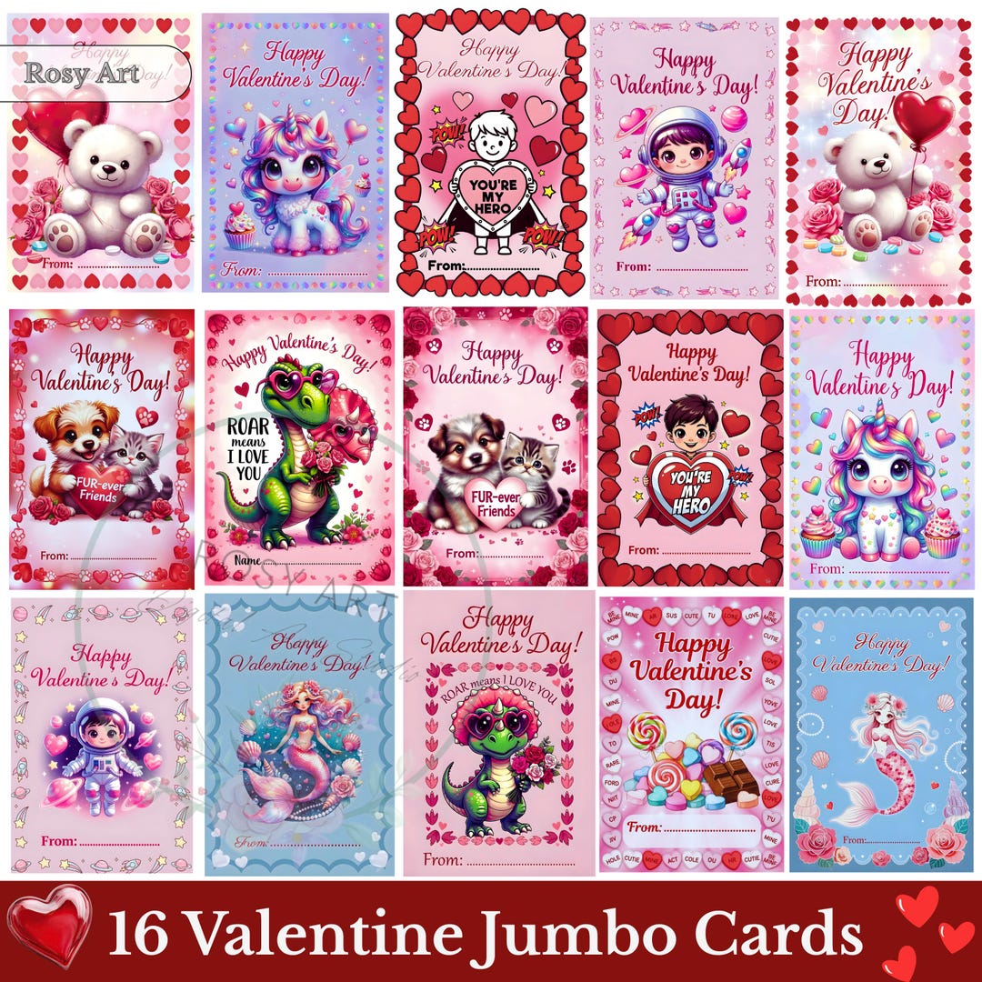Valentine Jumbo Cards, Kids Classroom Valentines, Valentine Treat Cards ...