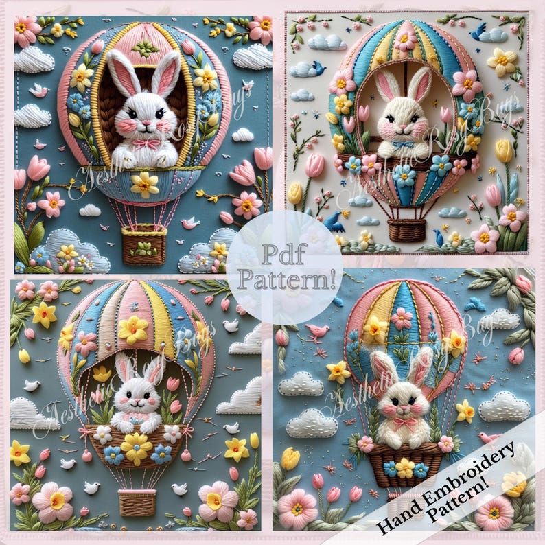 Easter Bunny Hot Air Balloon Hand Embroidery Patteren |DIY Hand ...