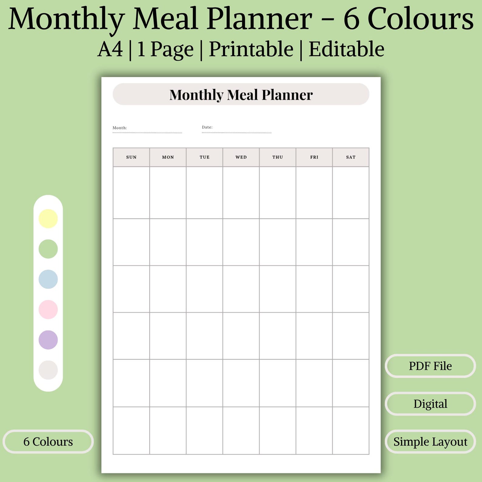 Monthly Meal Planner: Printable A4 PDF With 6 Color Options - Etsy