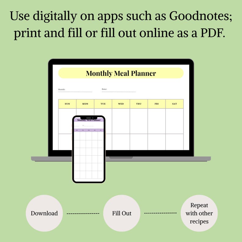 Monthly Meal Planner: Printable A4 PDF With 6 Color Options - Etsy