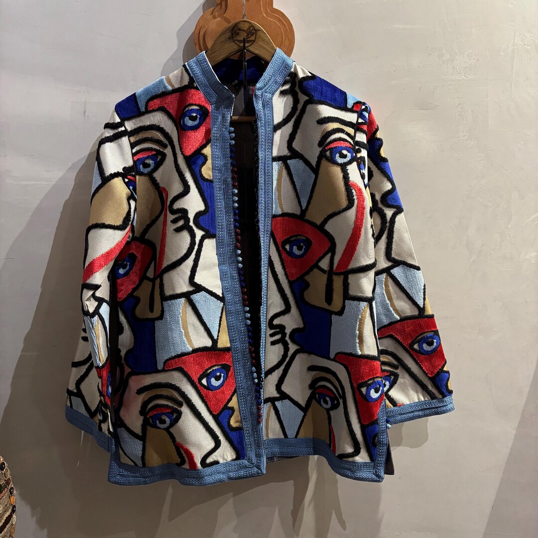 Handmade Moroccan Kimono Jacket: Cubist Face Embroidered Boho Outerwear ...