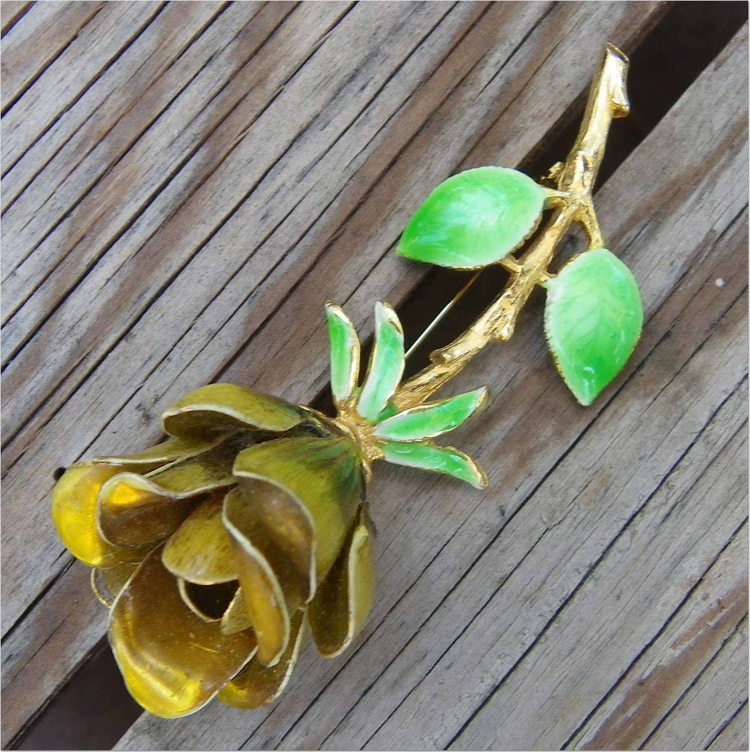 THORN ROSE BROOCH, Hand-painted Enamelling Over Gold Tone Metal ...