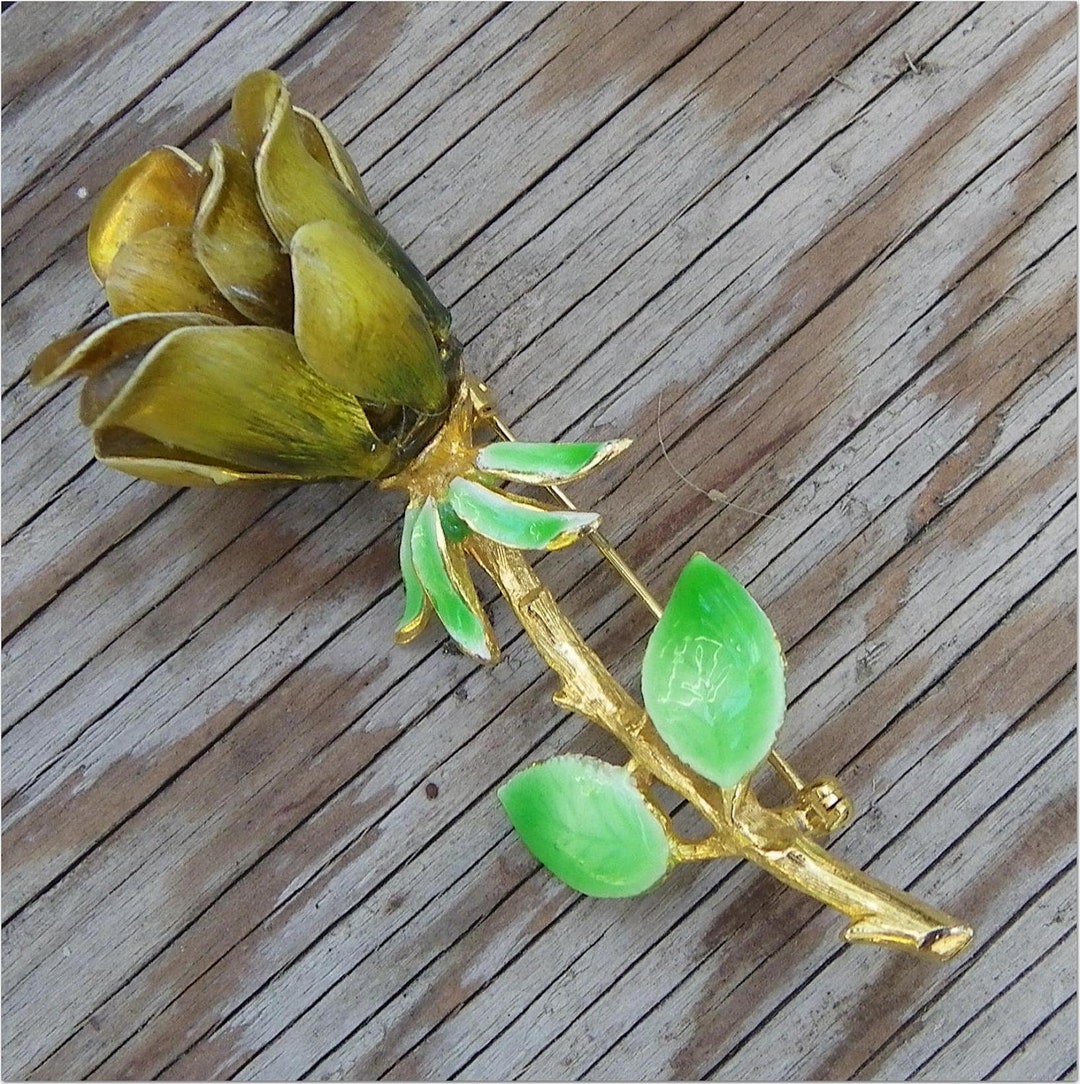 THORN ROSE BROOCH, Hand-painted Enamelling Over Gold Tone Metal ...