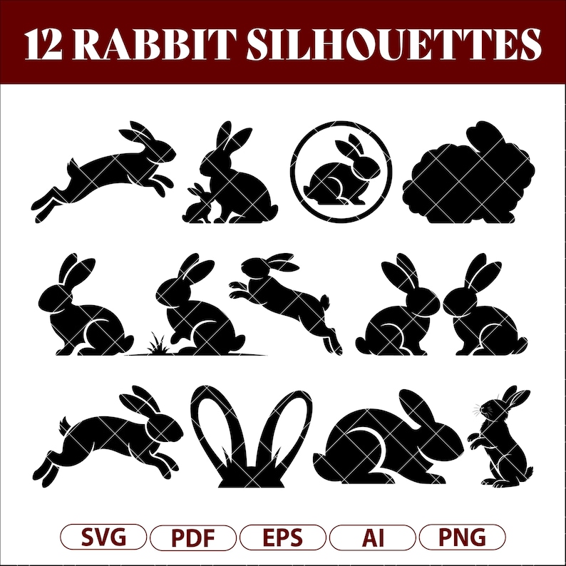 Rabbit Silhouette SVG Bundle, Bunny Clipart Set, Black and White Rabbit ...