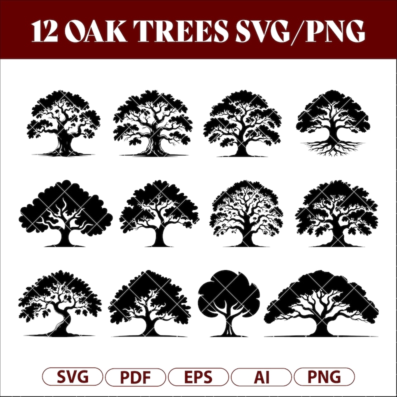 Oak Tree SVG Bundle, 12 Oak Tree Silhouettes, Forest Tree Clipart ...