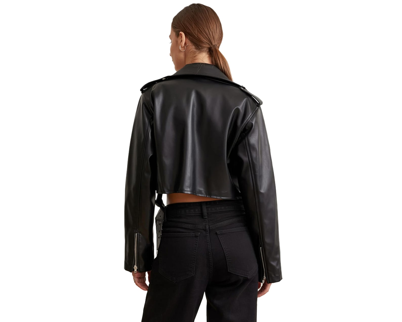 Black Faux Leather Cropped Moto Jacket: Belted Waist, Silver Zippers - Etsy