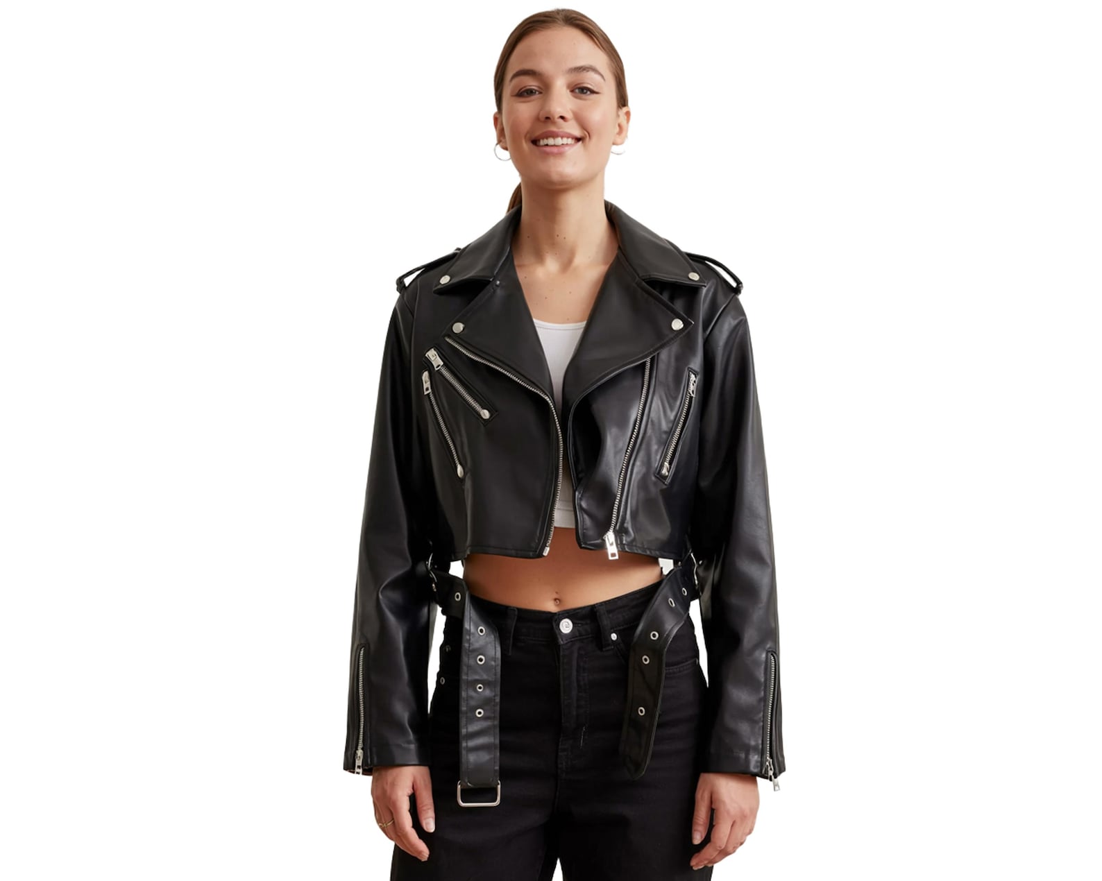 Black Faux Leather Cropped Moto Jacket: Belted Waist, Silver Zippers - Etsy