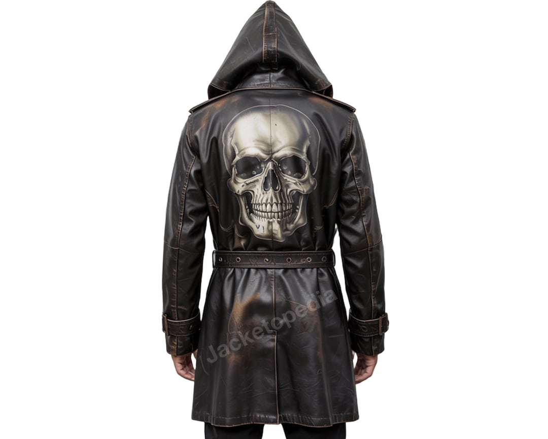 Men's Halloween Skull Trench Coat – Gothic Hooded Leather Jacket With ...