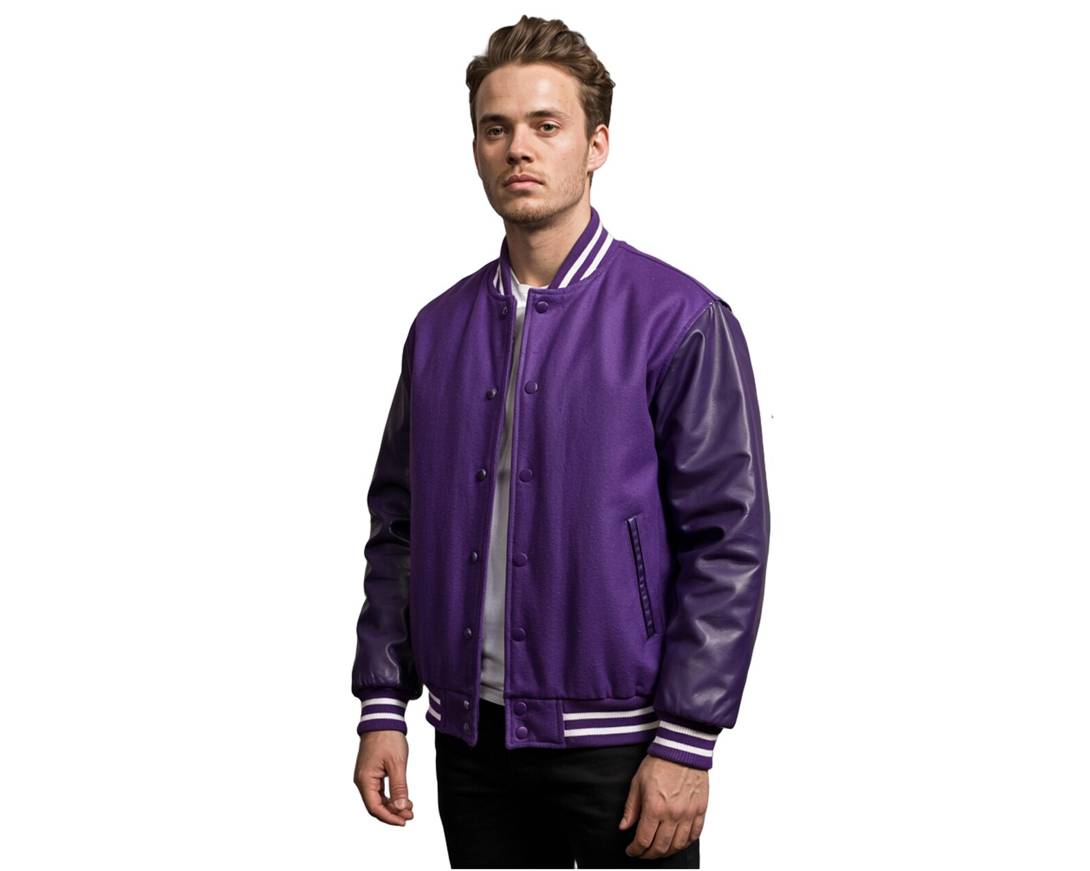 Purple Varsity Jacket With Leather Sleeves Baseball Style Bomber Jacket ...