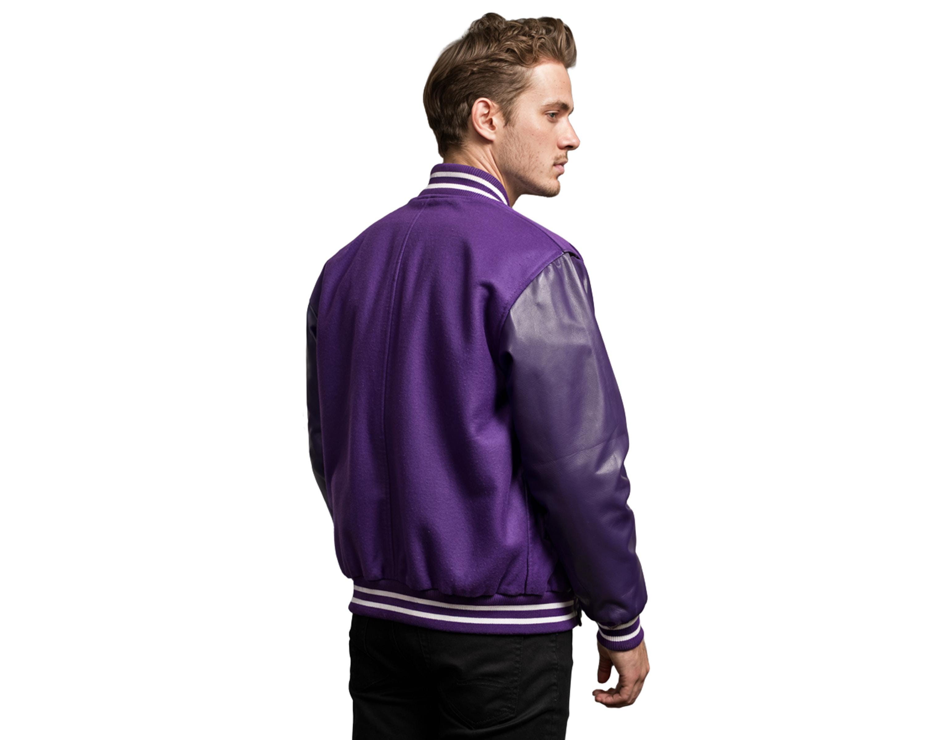 Purple Varsity Jacket With Leather Sleeves Baseball Style Bomber Jacket ...