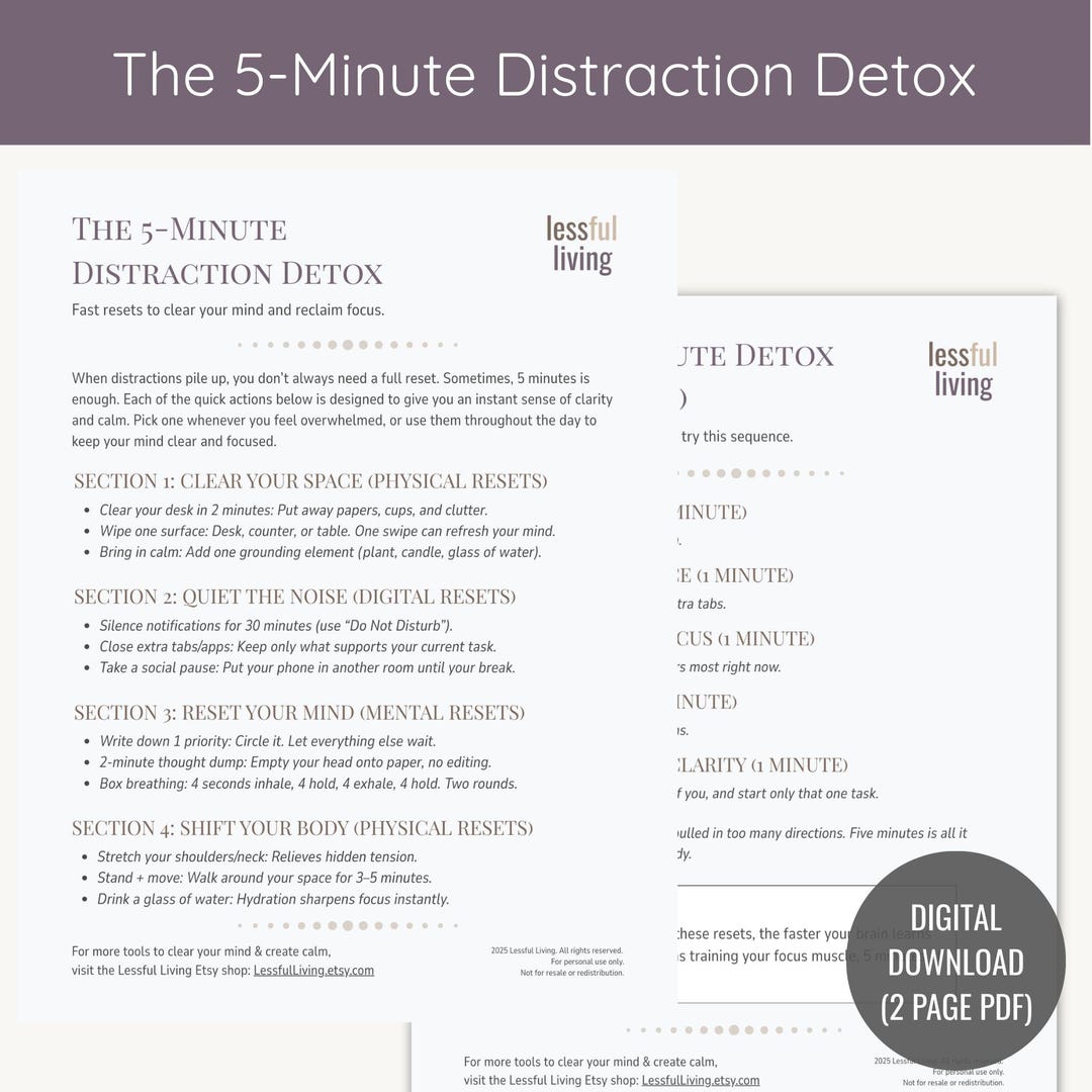 5-minute Distraction Detox – Printable PDF Guide (2 Pages) - Etsy