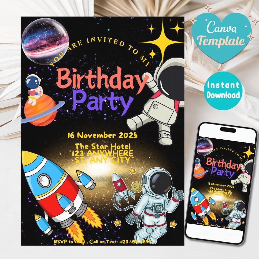 Space Birthday Party Invitation, Astronaut Outer Space Theme Invitation ...
