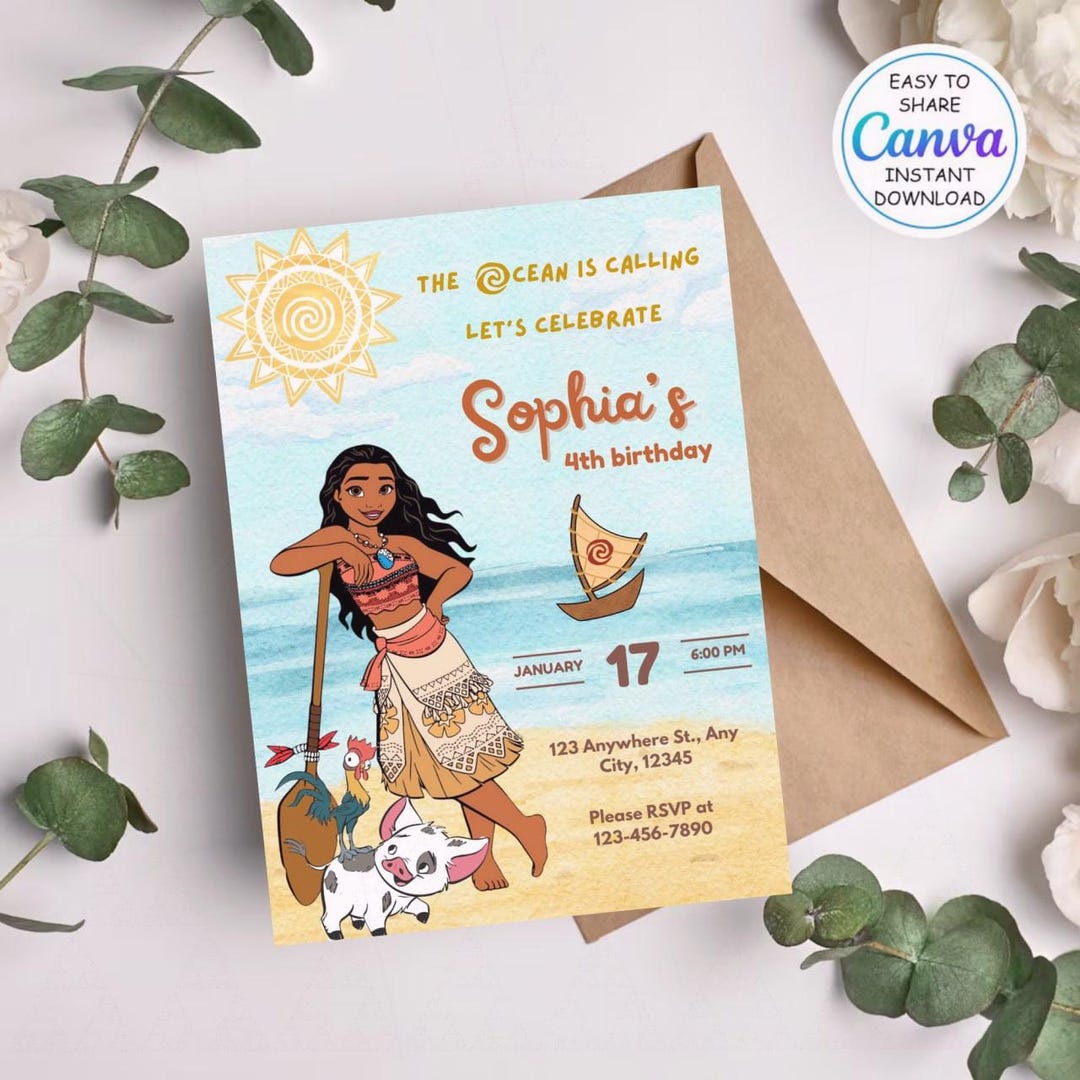 Editable Moana Birthday Invitation , Kids Theme Party Invitation ...