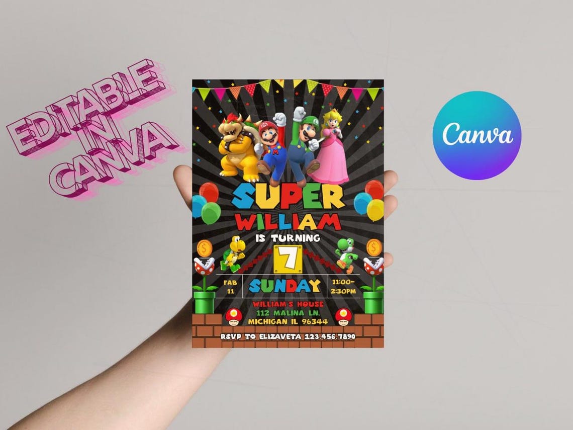 Editable Watercolor Super Mario Birthday Invitation, ANY AGE Nitendo ...