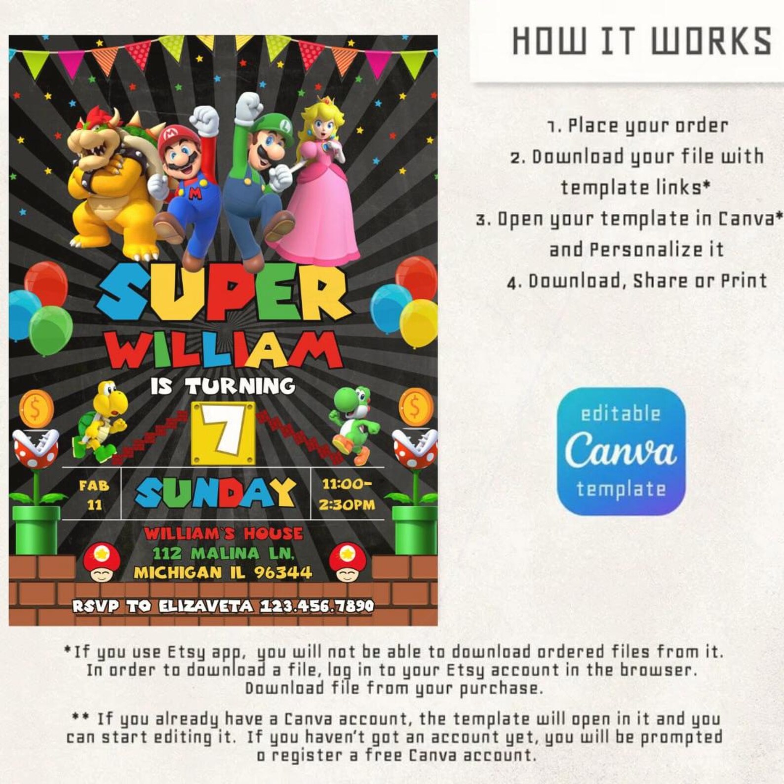 Editable Watercolor Super Mario Birthday Invitation, ANY AGE Nitendo ...