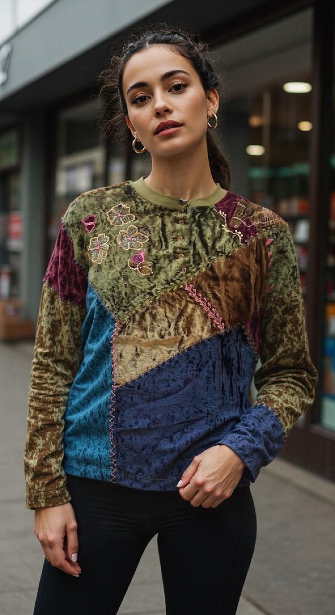 1990s Bohemian Patchwork Blouse – Handmade Embroidery – Velvet Feel ...