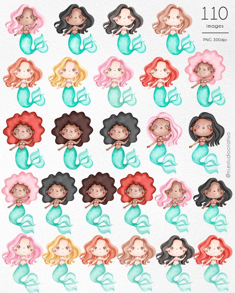 Cute Mermaids Watercolor Clipart, Under the Sea Animals, Baby Shower ...