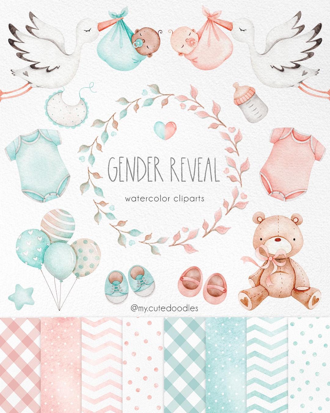 Gender Reveal Watercolor Clipart, Baby Nursery Decor, Pink and Blue ...