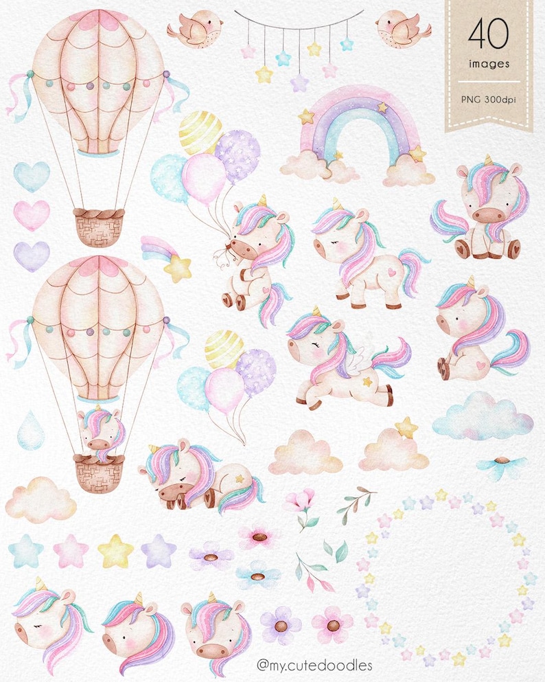 Cute Unicorn Watercolor Clipart, Instant Download, Rainbow Clip Art ...