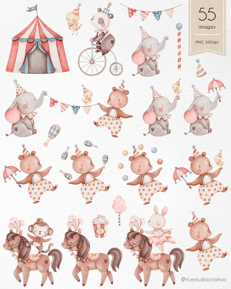 Circus Watercolor Clipart Set, Circus Invitation Bear PNG, Colorfull ...