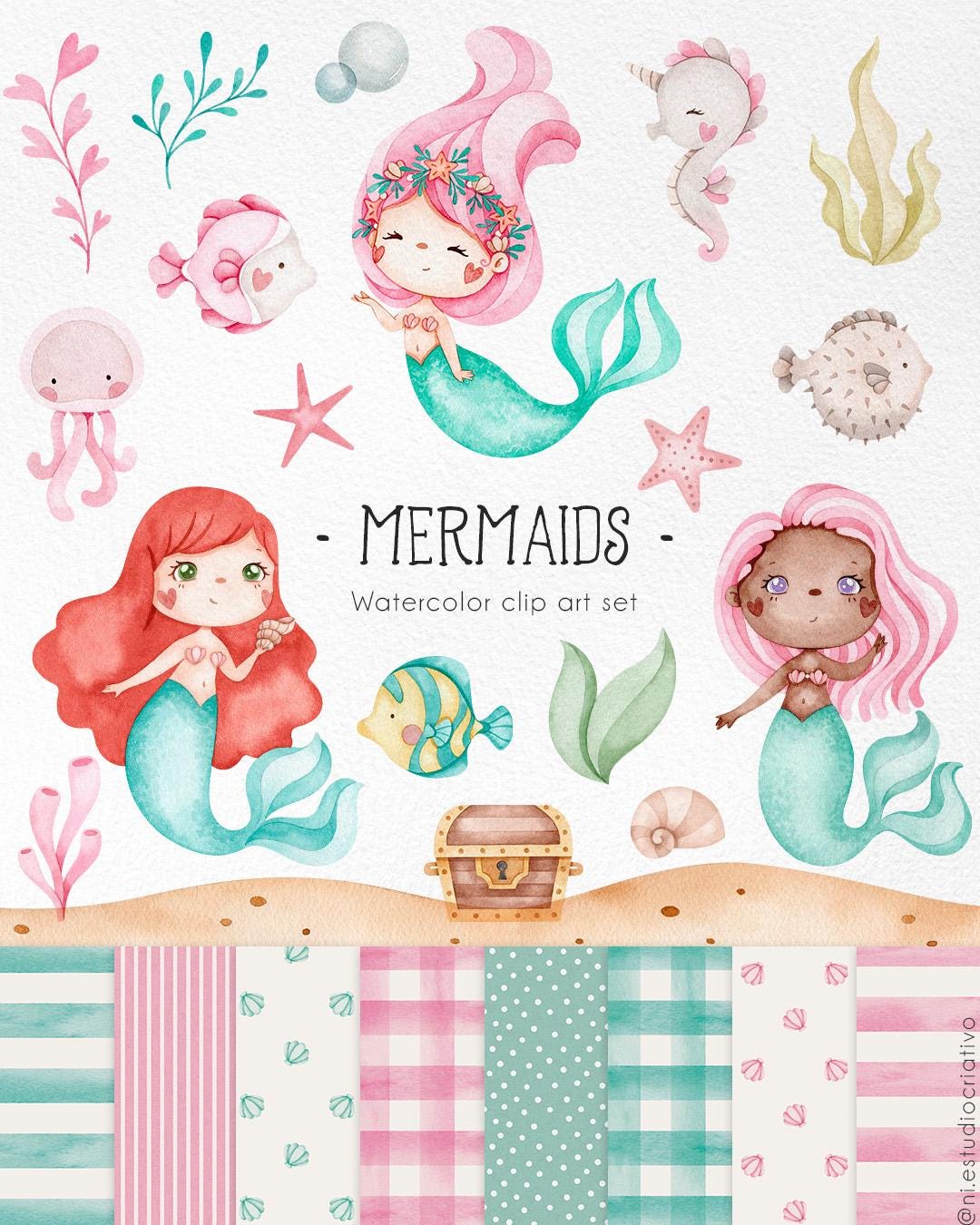 Cute Mermaids Watercolor Clipart, Under the Sea Animals, Baby Shower ...