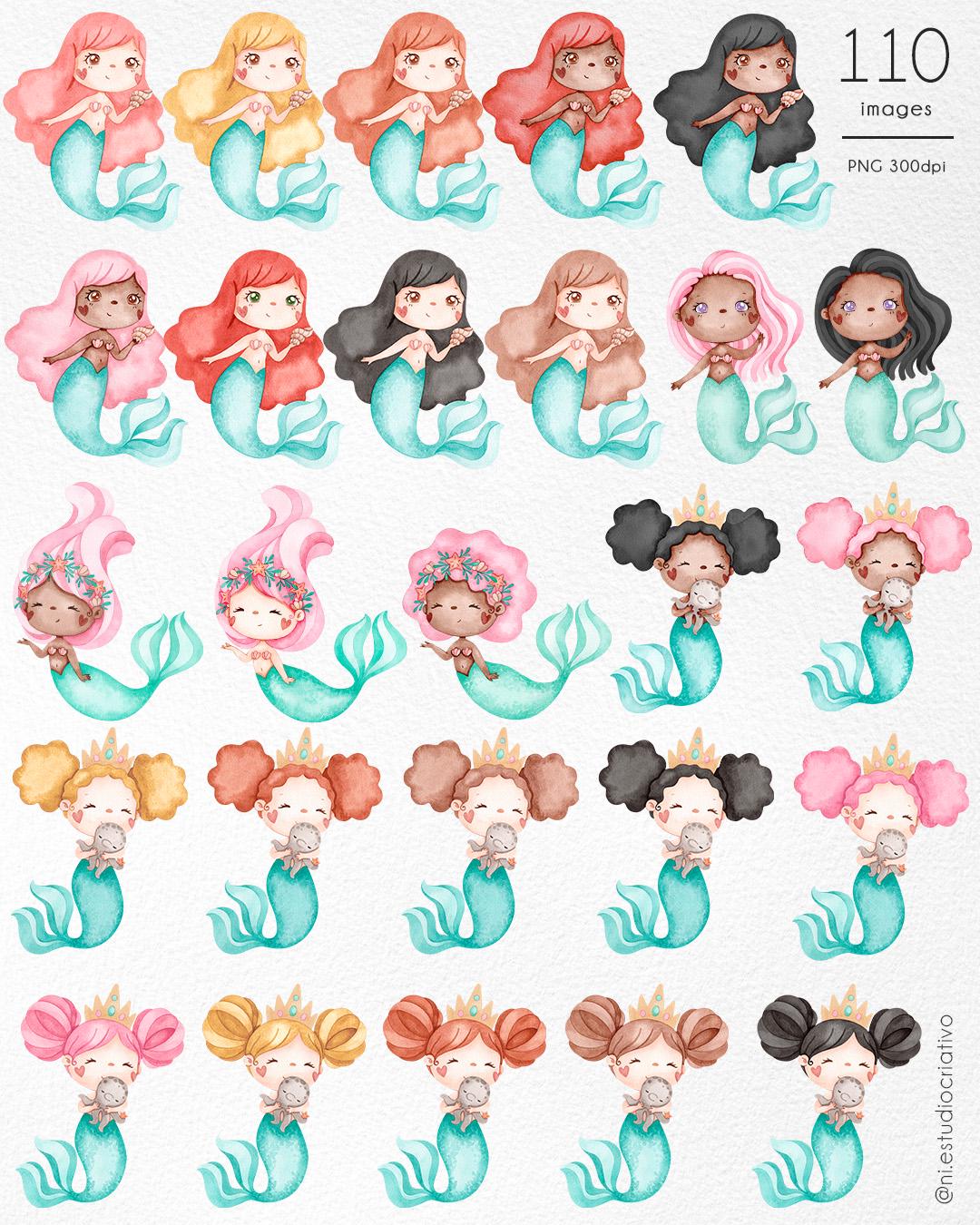 Cute Mermaids Watercolor Clipart, Under the Sea Animals, Baby Shower ...