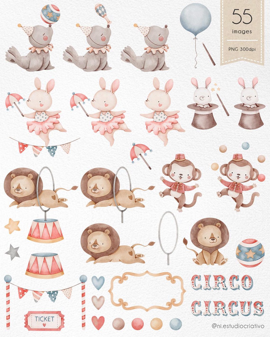 Circus Watercolor Clipart Set, Circus Invitation Bear PNG, Colorfull ...