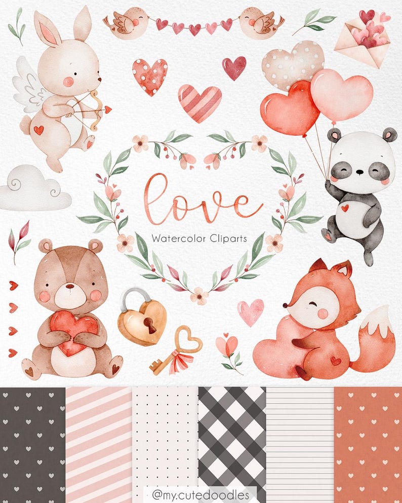 Valentine Animal Clipart - Watercolor - Valentine Png - Cute Woodland ...
